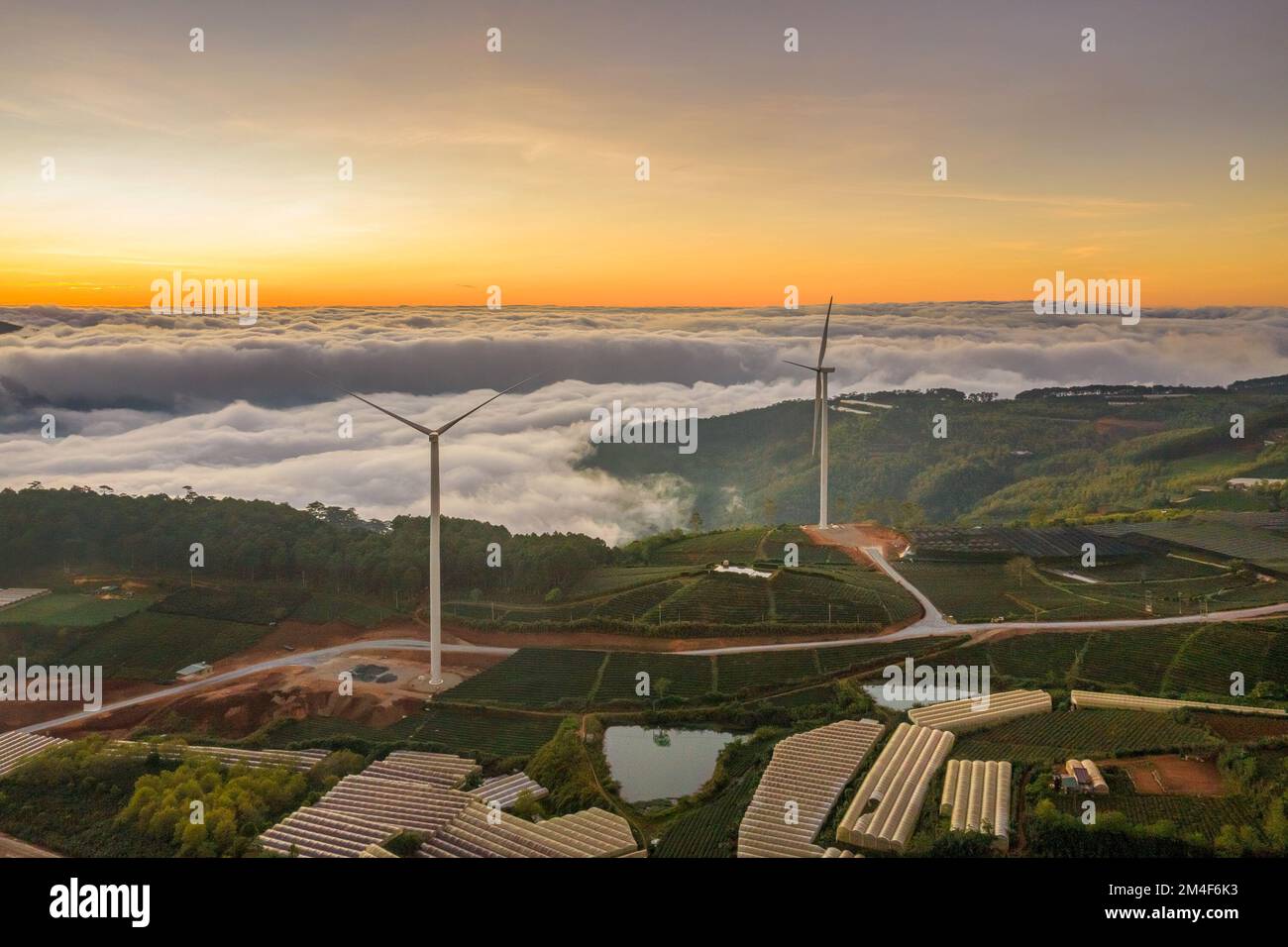 PANORAMIC VIEW OF WIND FARM OR WIND PARK, WITH HIGH WIND TURBINES FOR ...