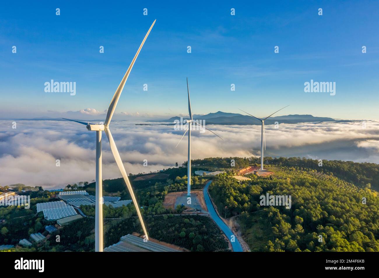 PANORAMIC VIEW OF WIND FARM OR WIND PARK, WITH HIGH WIND TURBINES FOR ...