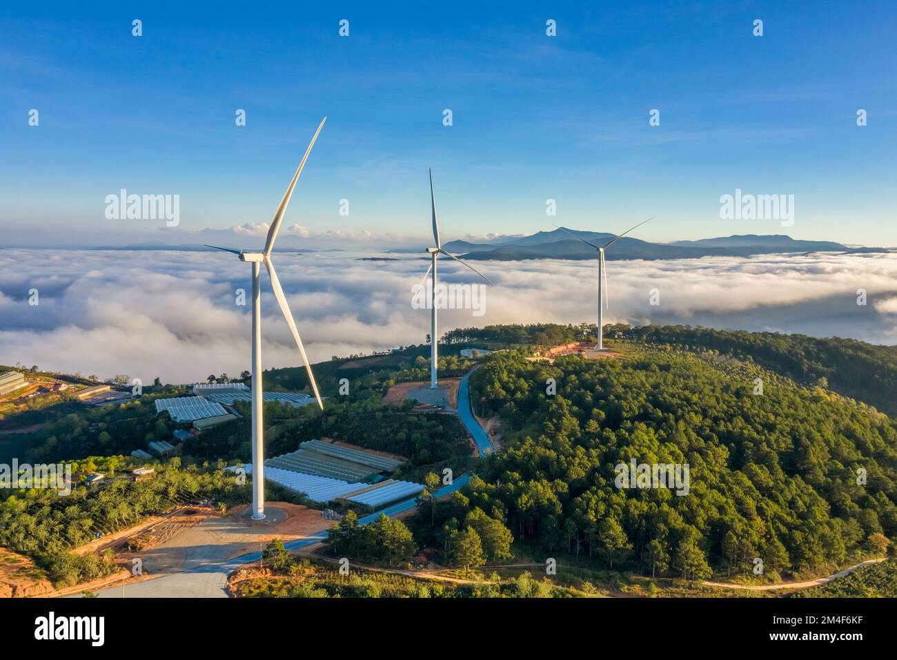 PANORAMIC VIEW OF WIND FARM OR WIND PARK, WITH HIGH WIND TURBINES FOR ...