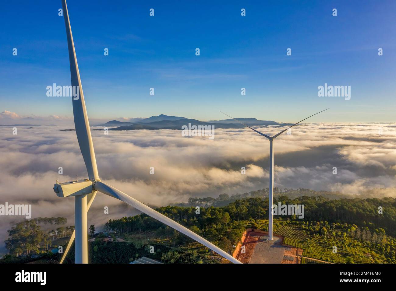PANORAMIC VIEW OF WIND FARM OR WIND PARK, WITH HIGH WIND TURBINES FOR ...