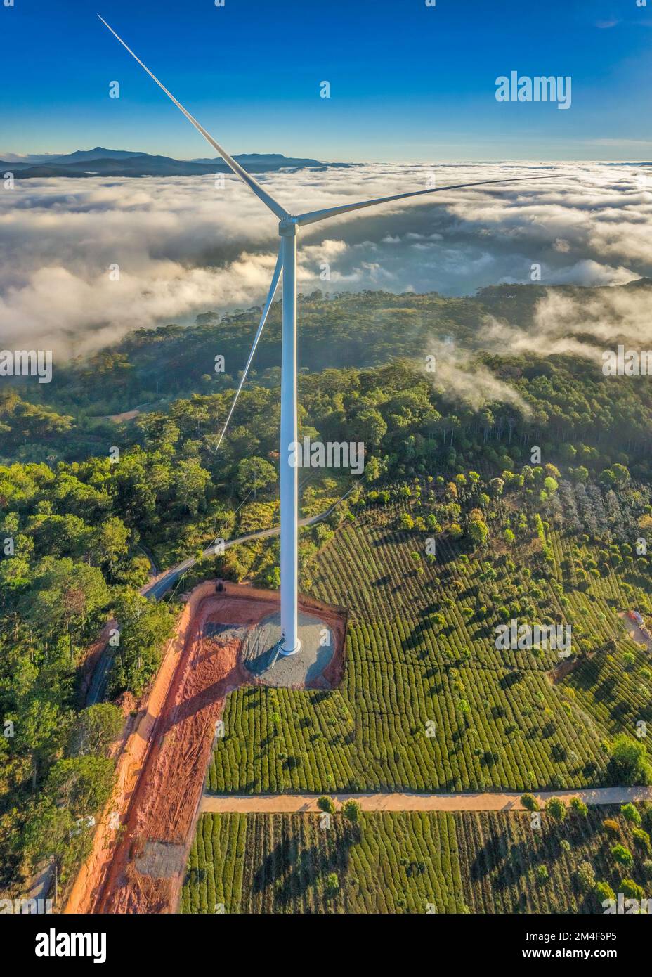 PANORAMIC VIEW OF WIND FARM OR WIND PARK, WITH HIGH WIND TURBINES FOR ...