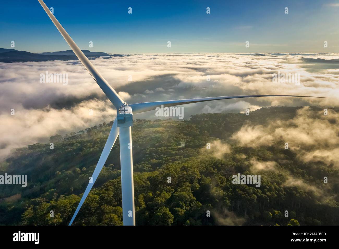 PANORAMIC VIEW OF WIND FARM OR WIND PARK, WITH HIGH WIND TURBINES FOR ...