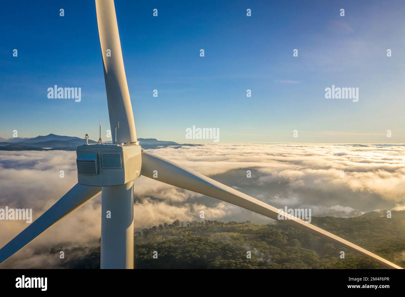 PANORAMIC VIEW OF WIND FARM OR WIND PARK, WITH HIGH WIND TURBINES FOR ...