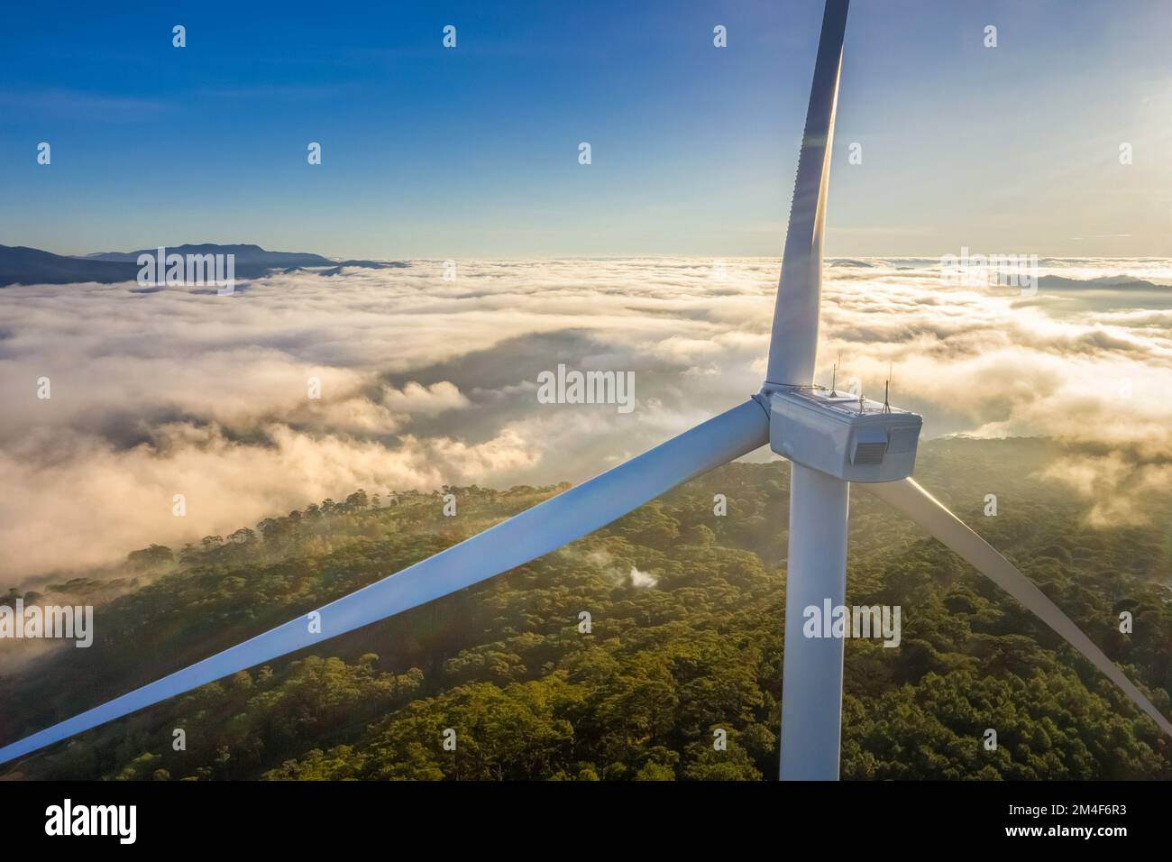 PANORAMIC VIEW OF WIND FARM OR WIND PARK, WITH HIGH WIND TURBINES FOR ...