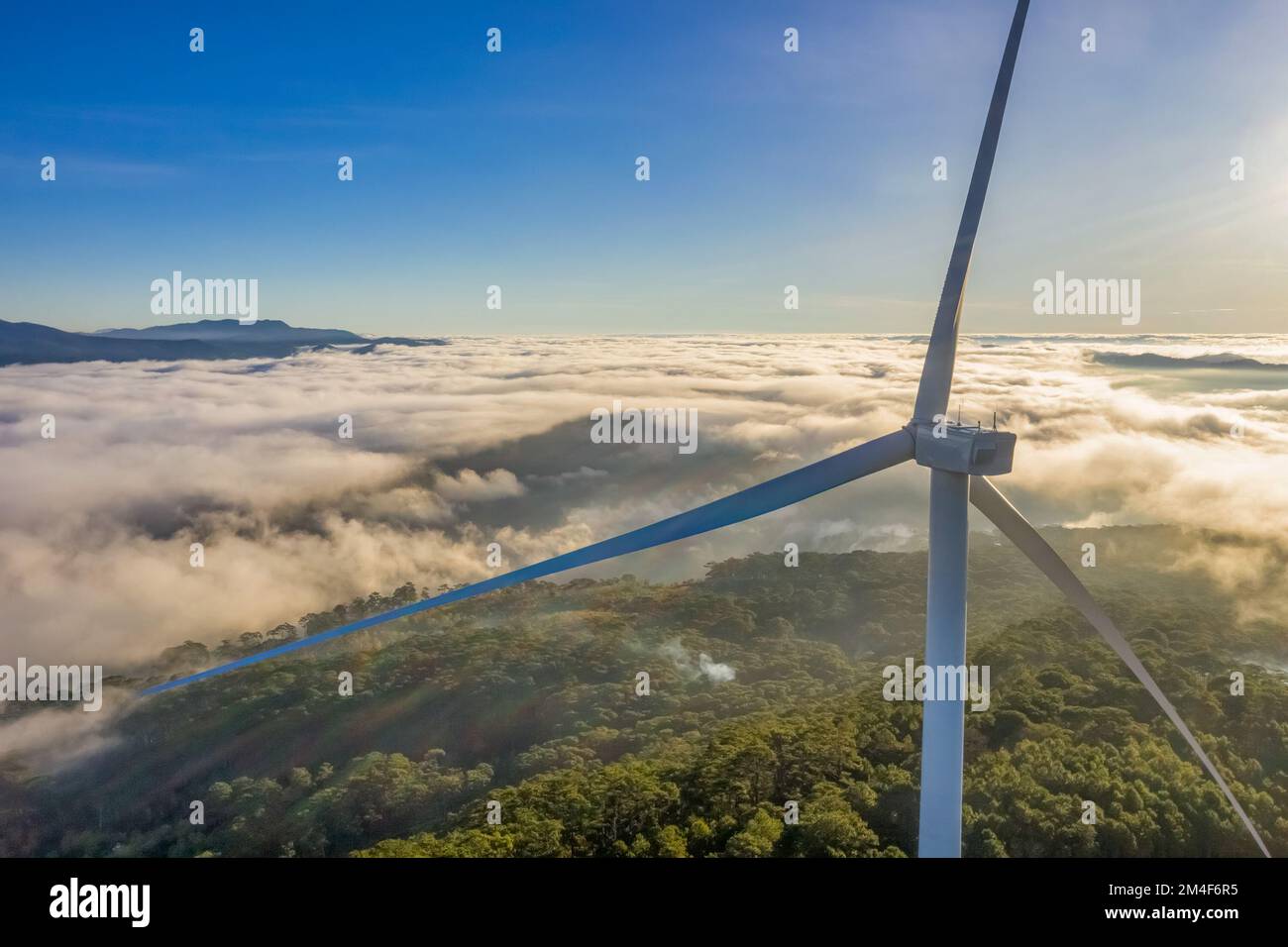 PANORAMIC VIEW OF WIND FARM OR WIND PARK, WITH HIGH WIND TURBINES FOR ...