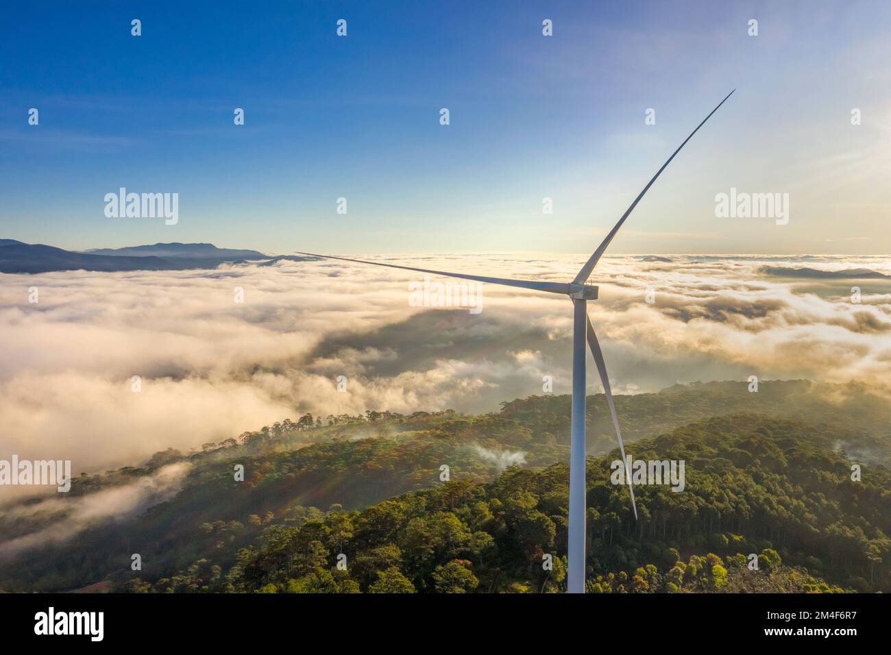 PANORAMIC VIEW OF WIND FARM OR WIND PARK, WITH HIGH WIND TURBINES FOR ...