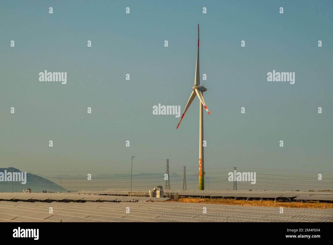 Aerial view of windmill and Solar panel, photovoltaic, alternative ...