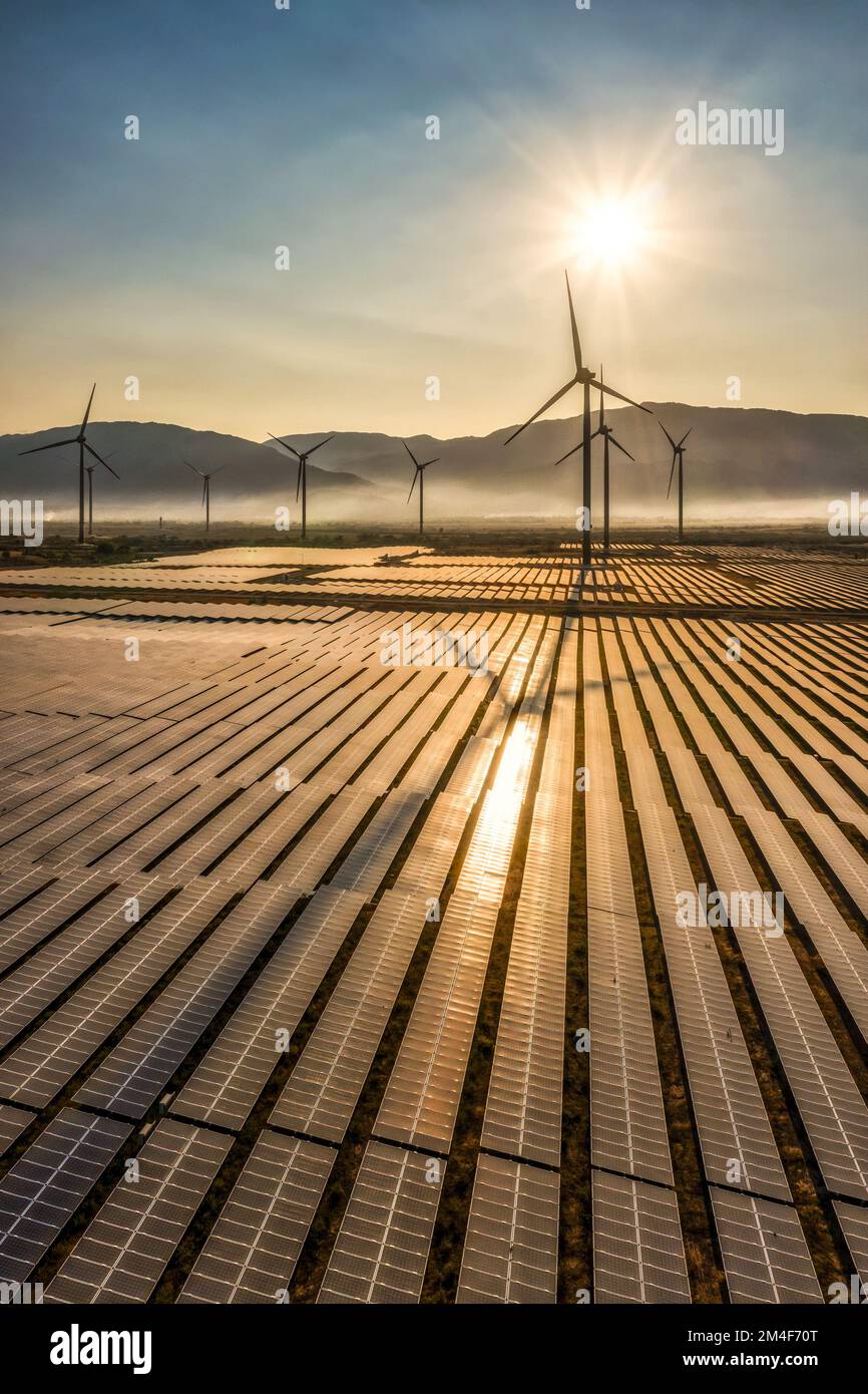 Aerial view of windmill and Solar panel, photovoltaic, alternative ...