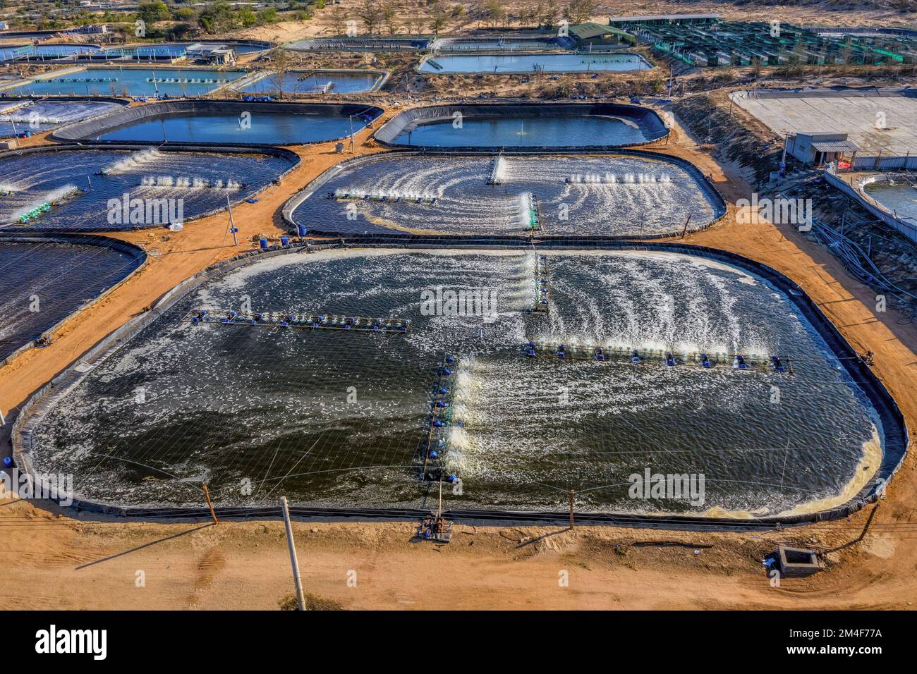 Aerial view of the prawn farm with aerator pump in front of Ninh Phuoc ...