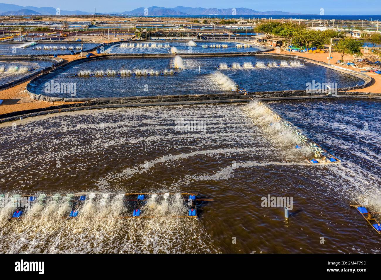 Aerial view of the prawn farm with aerator pump in front of Ninh Phuoc ...