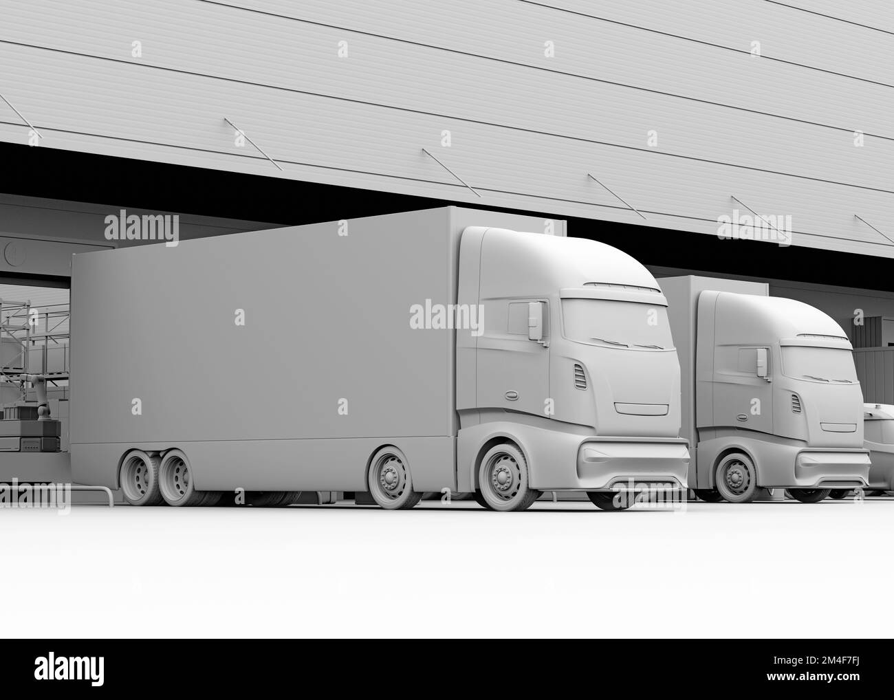 Clay rendering of Electric Trucks parkling at logistics center. 3D ...
