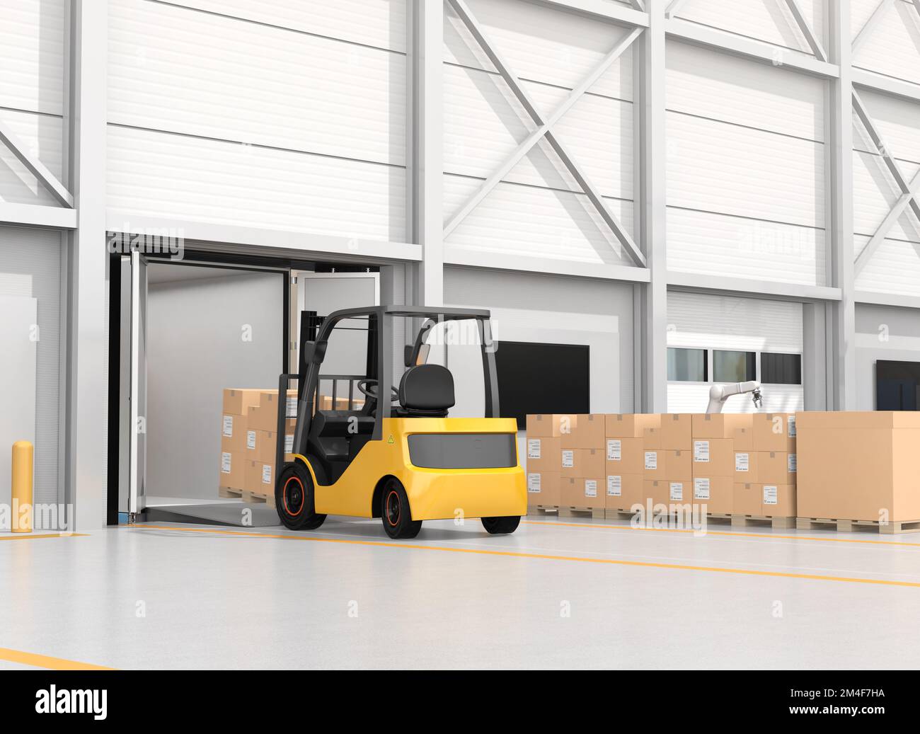 Electric forklift loading goods to truck. AGV robot and cardboard boxes ...