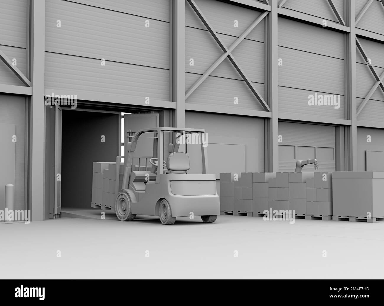 Clay rendering of electric forklift loading goods to truck. Modern ... Clay rendering of electric forklift loading goods to truck. Modern ...