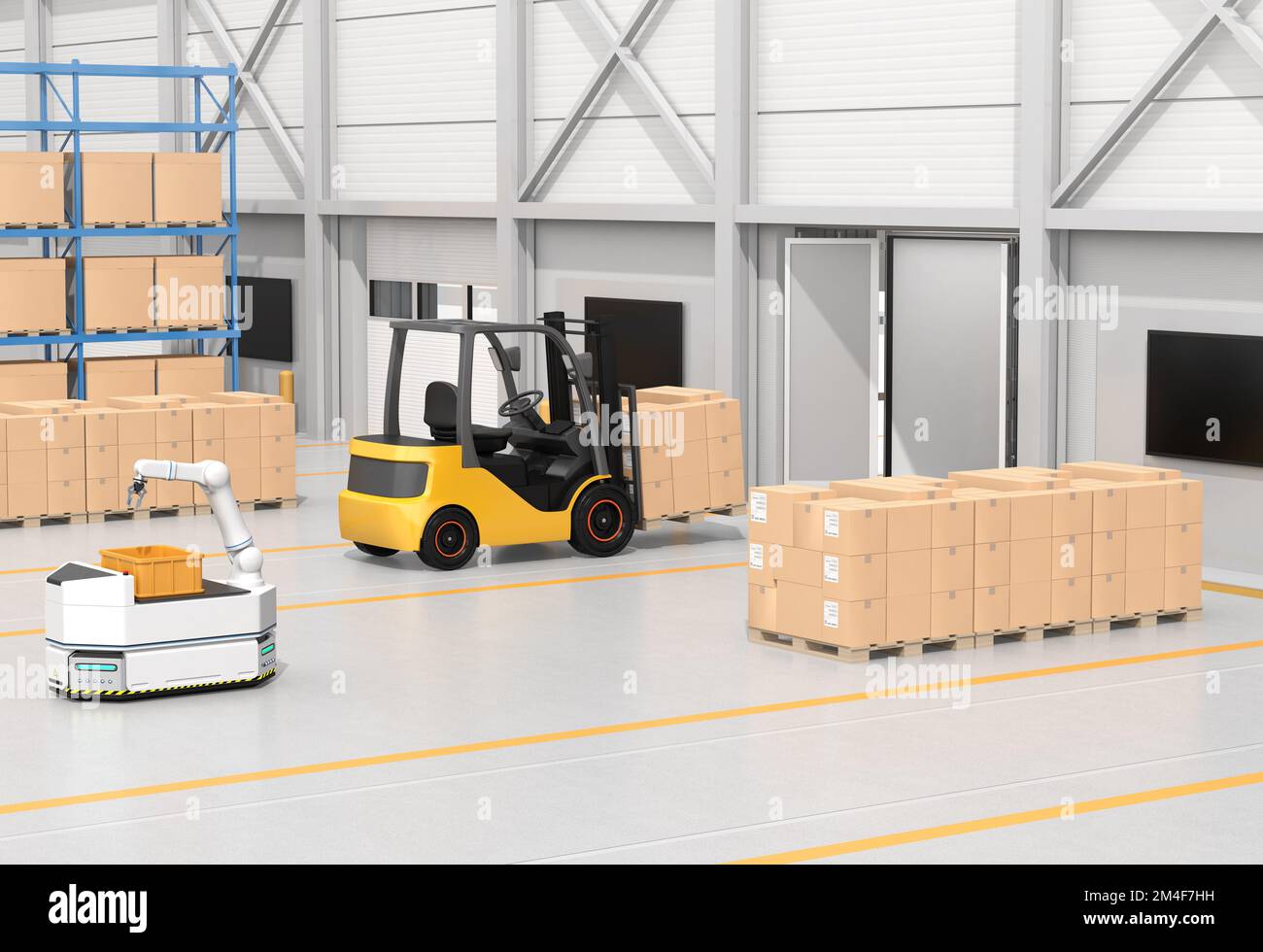 Electric forklift loading goods to truck. AGV robot and cardboard boxes ...