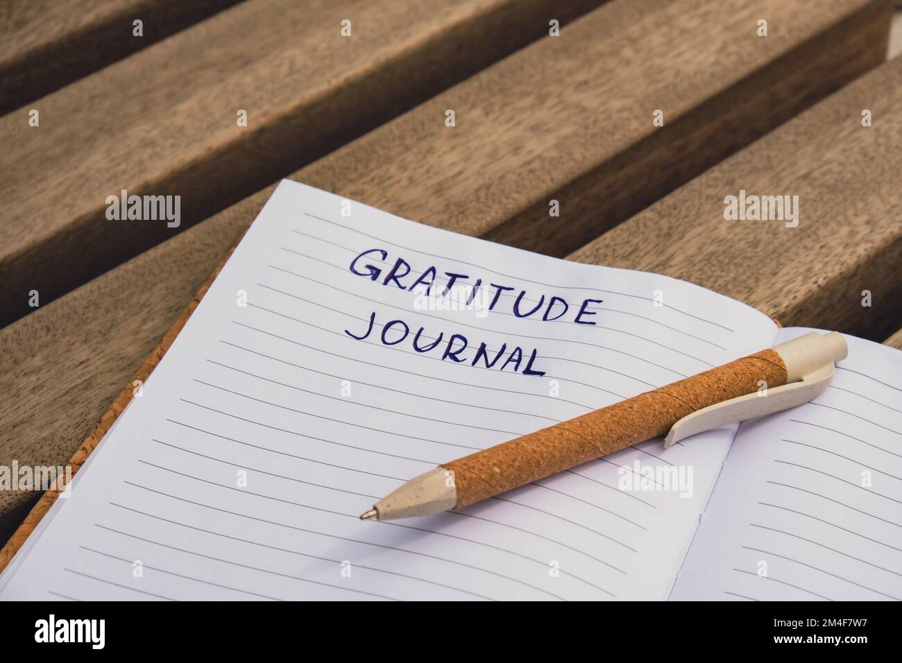 Writing Gratitude Journal on wooden bench. Today I am grateful for ...