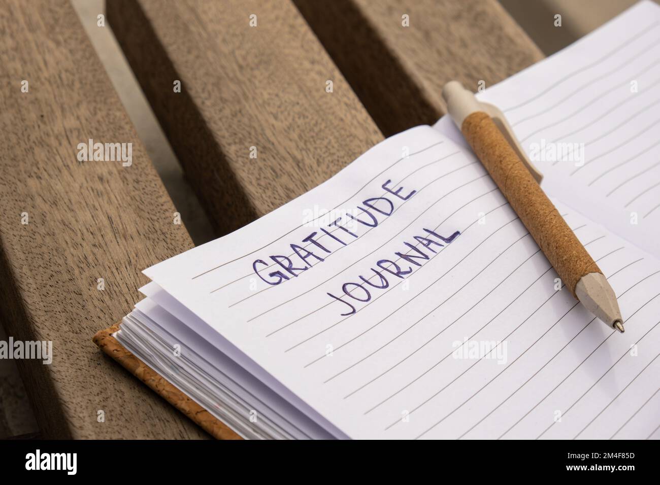 Writing Gratitude Journal on wooden bench. Today I am grateful for ...