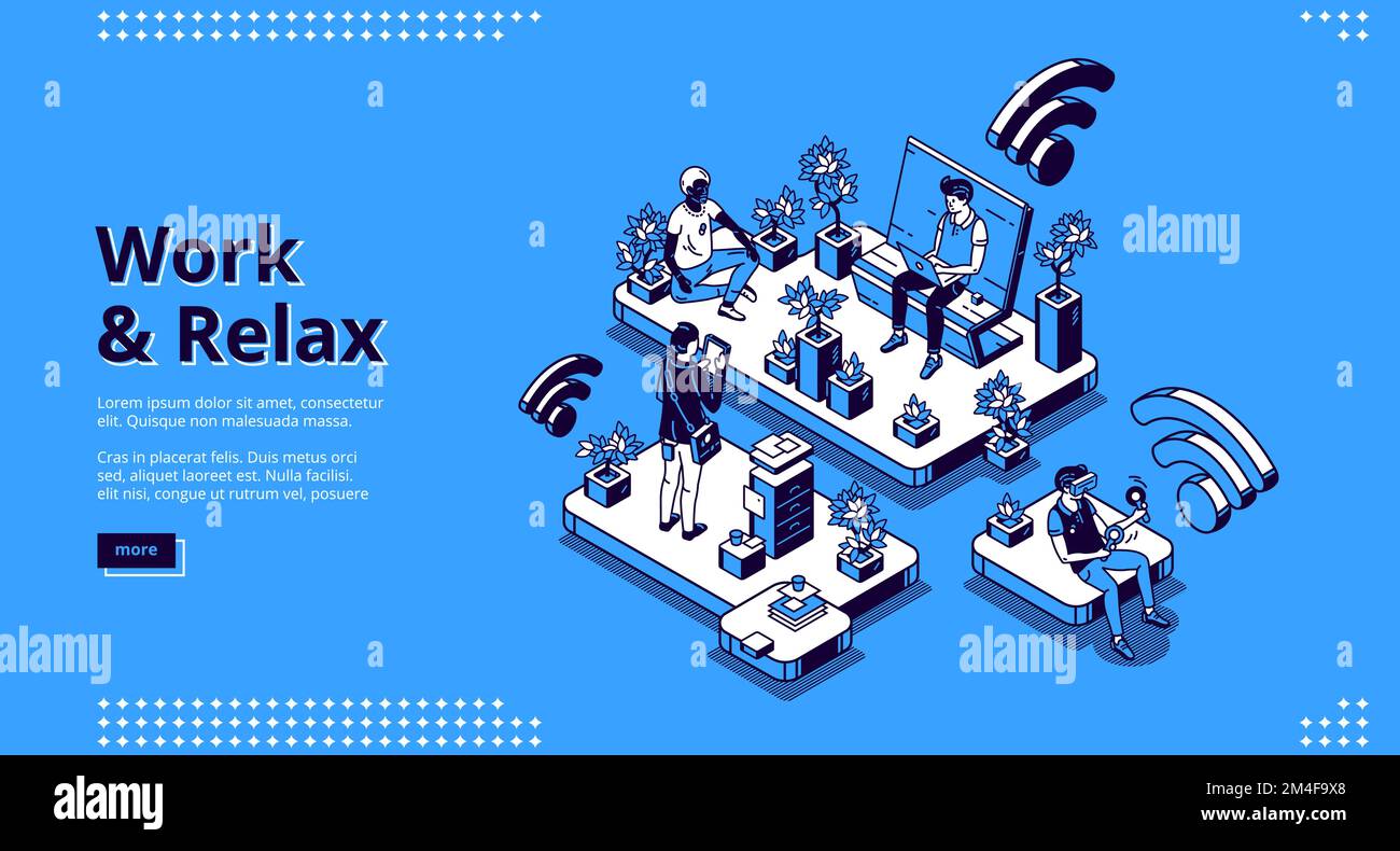 Work and relax isometric landing page, business people working on ...