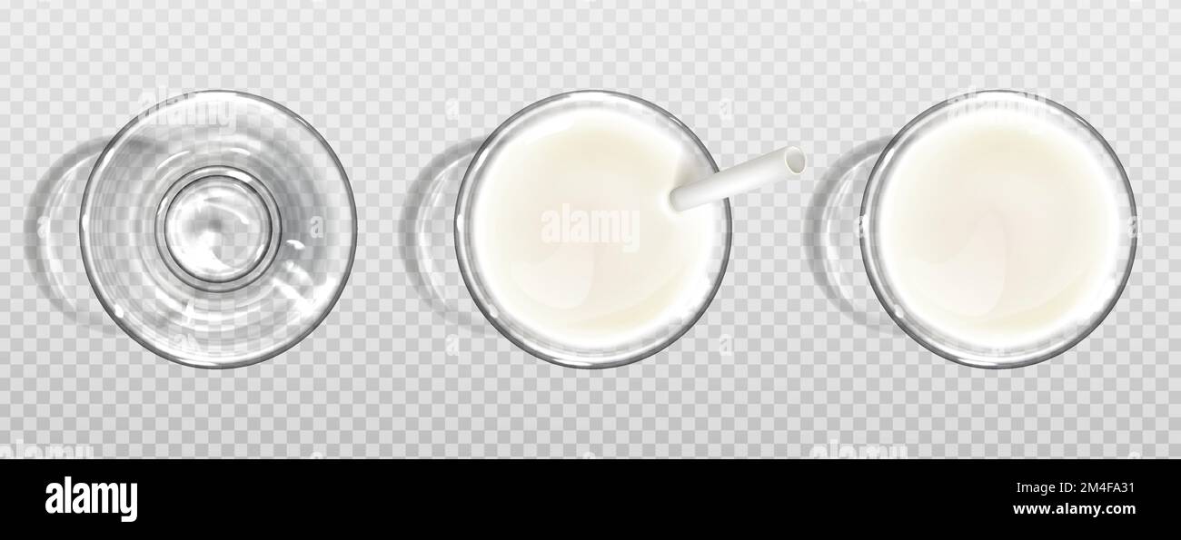 Glass of milk with paper straw top view. Vector realistic set of empty ...