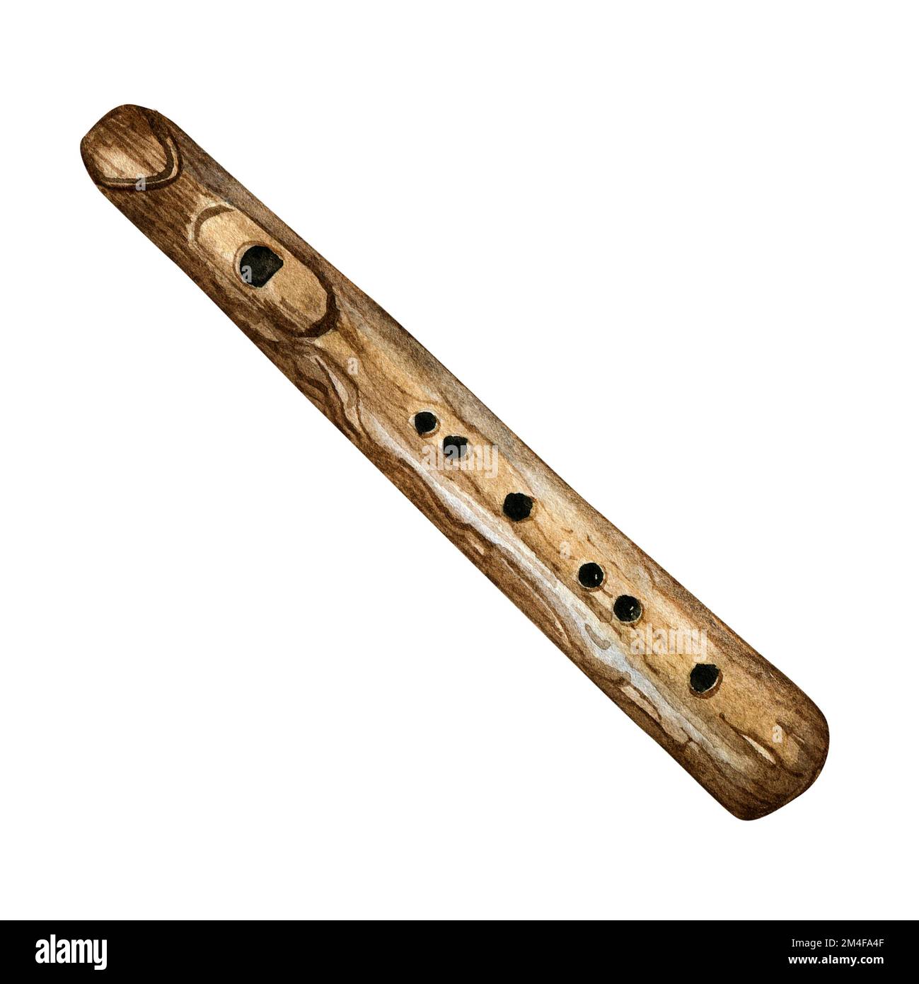 Flute wooden musical instrument watercolor illustration on white ...