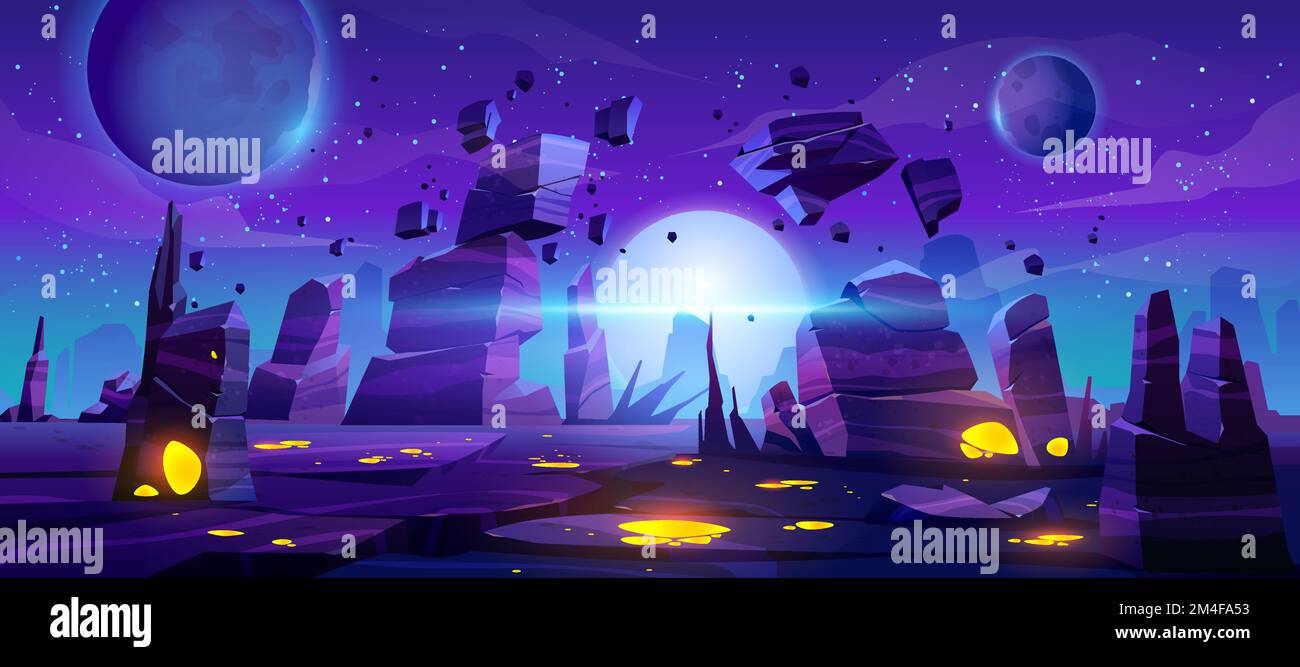 Space game background, night alien fantasy landscape with flying rocks ...