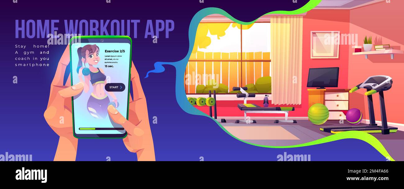 App for home workout banner. Human hands holding smartphone with sports ...