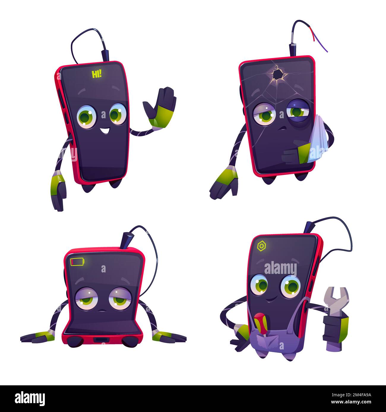 Smartphone repair. Cute mobile phone character with broken screen, low ...