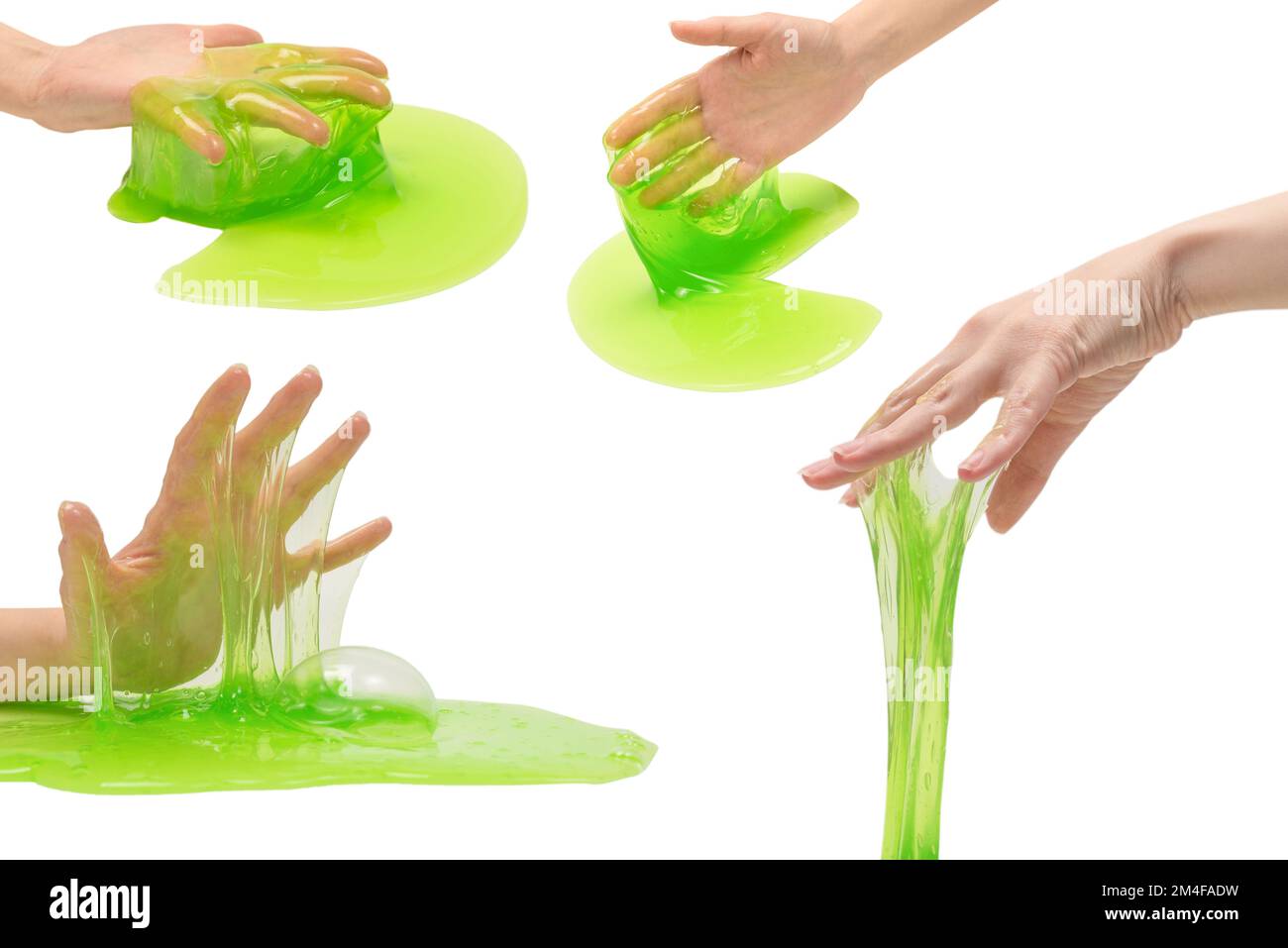 Green slime toy in woman hand isolated on white background Stock Photo ...
