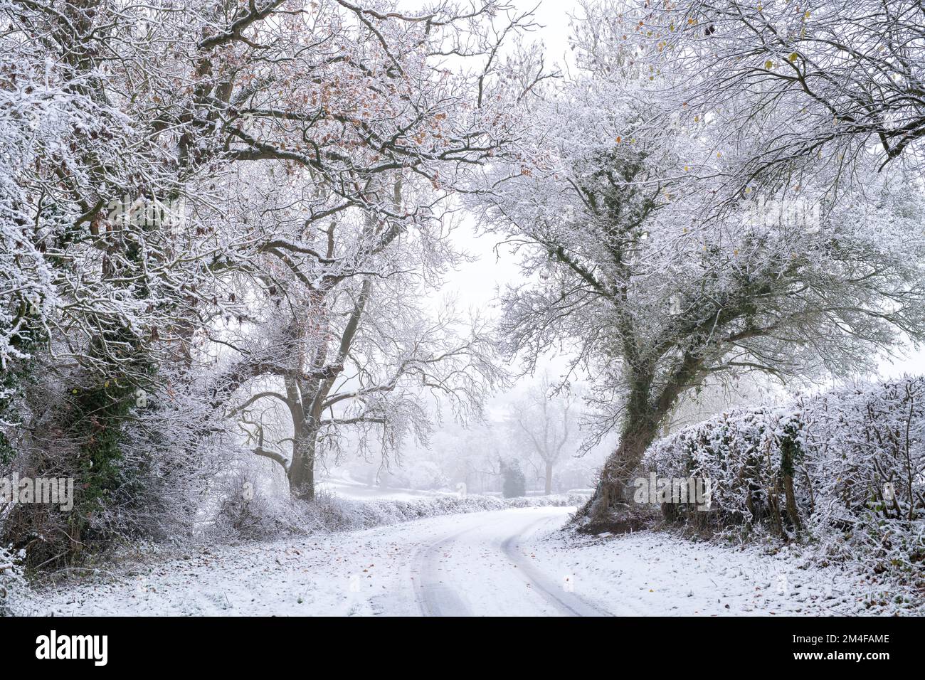 Warwickshire countryside in the winter snow. Winderton, Cotswolds ...