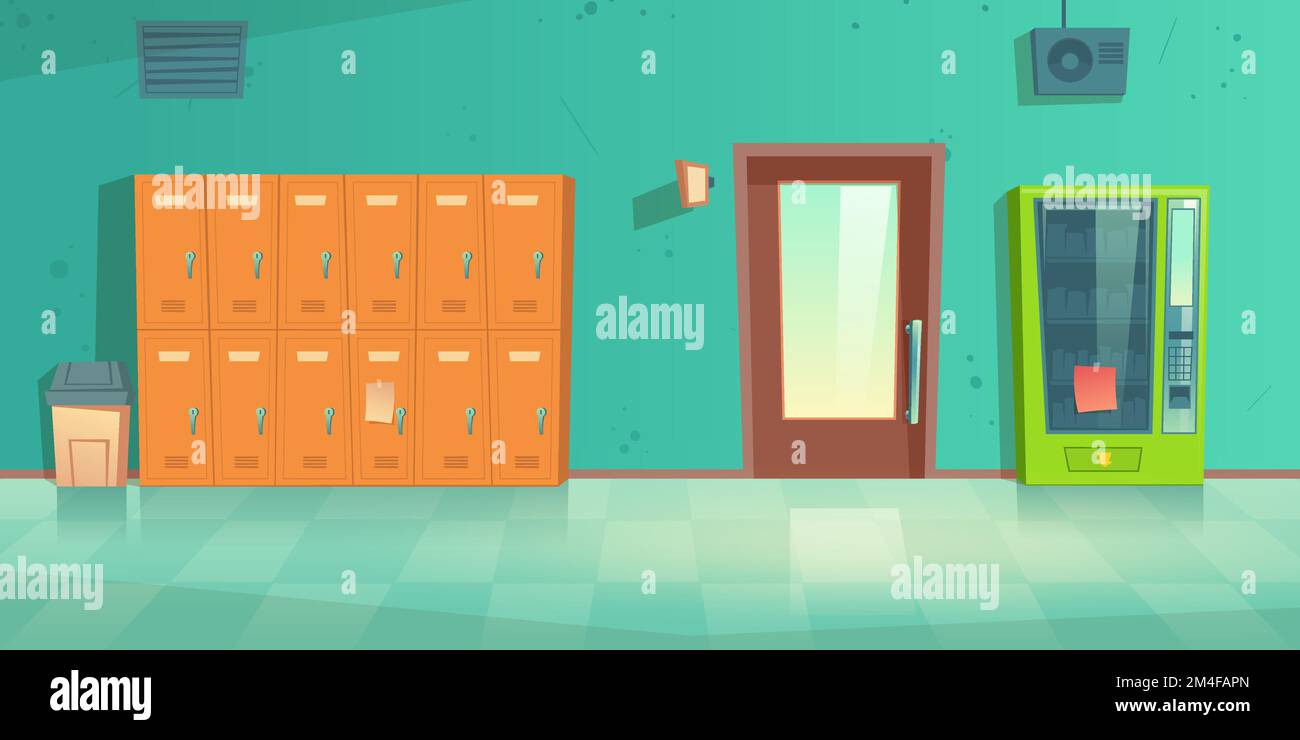 School hallway, empty corridor interior with lockers, vending machine ...