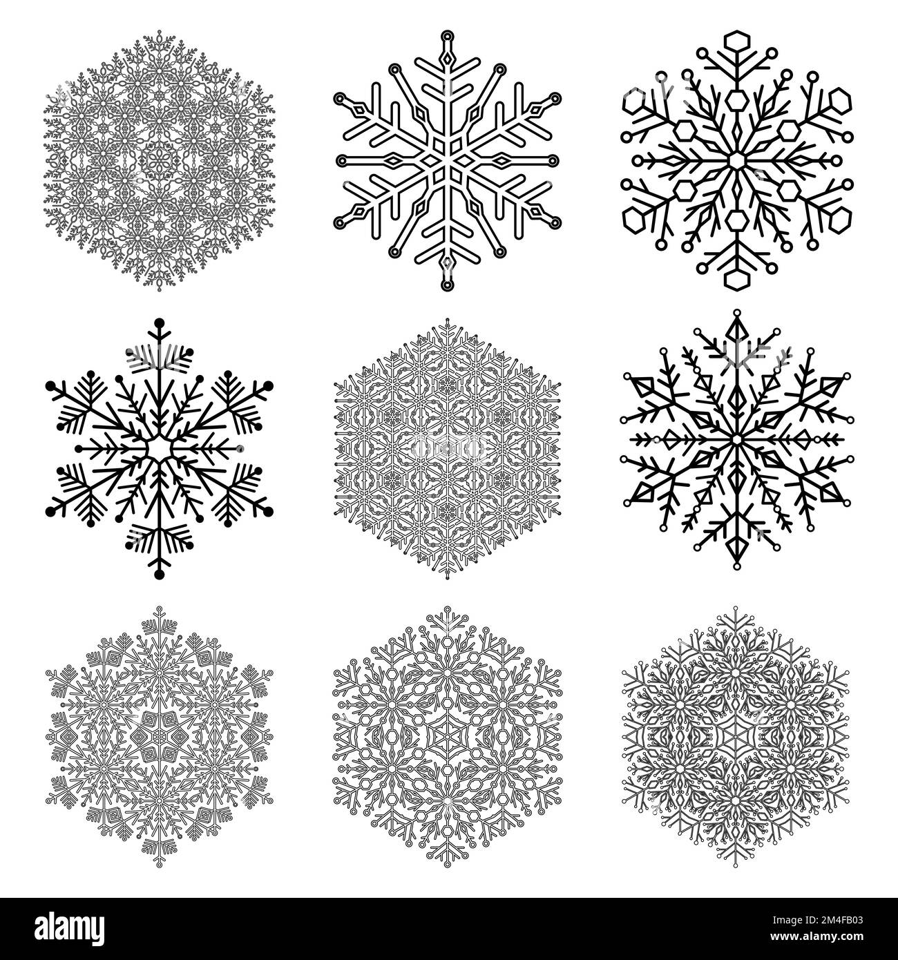Set of vector black and white snowflakes. Collection of winter ...