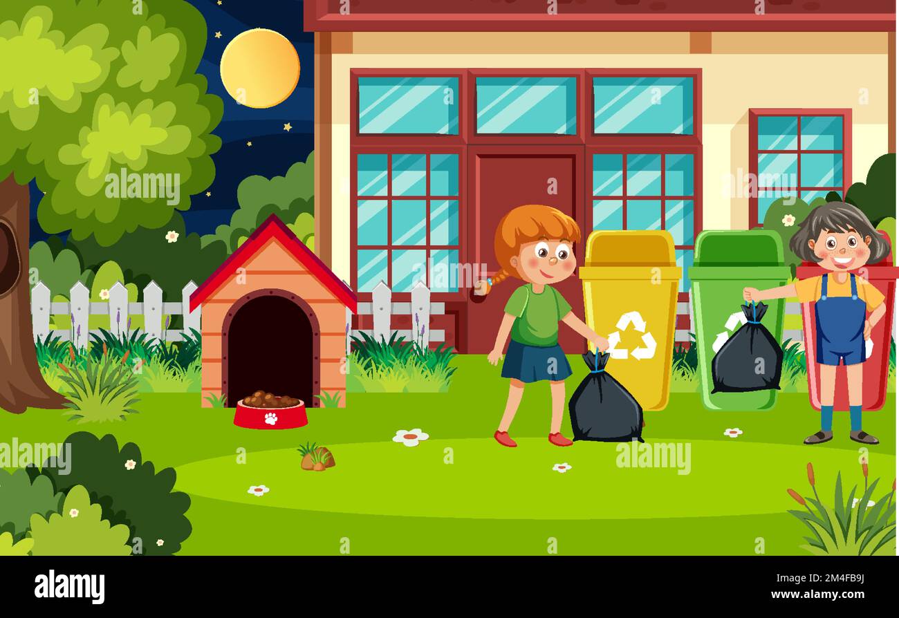 Kids collecting garbage outdoor scene illustration Stock Vector Image ...