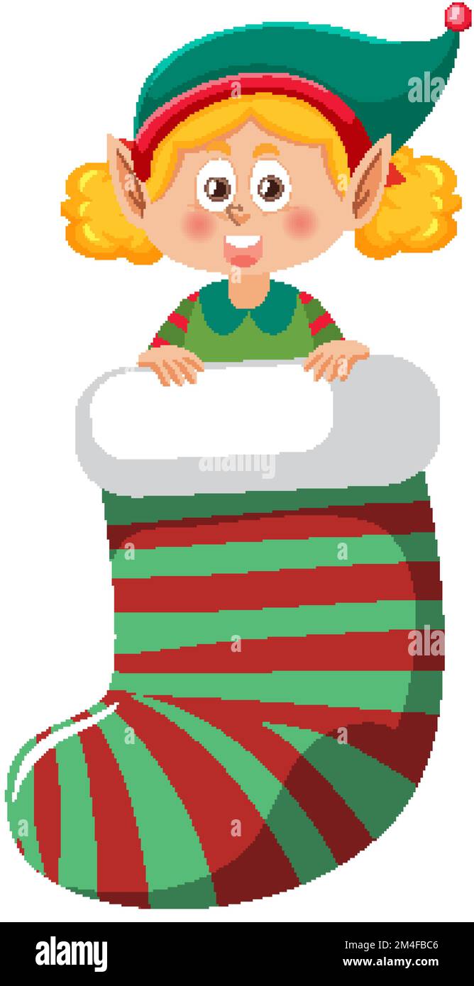 Cute elf girl in Christmas sock illustration Stock Vector Image & Art ...