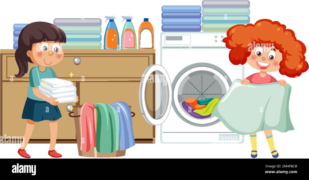 Two kids doing laundry with washing machine illustration Stock Vector ...