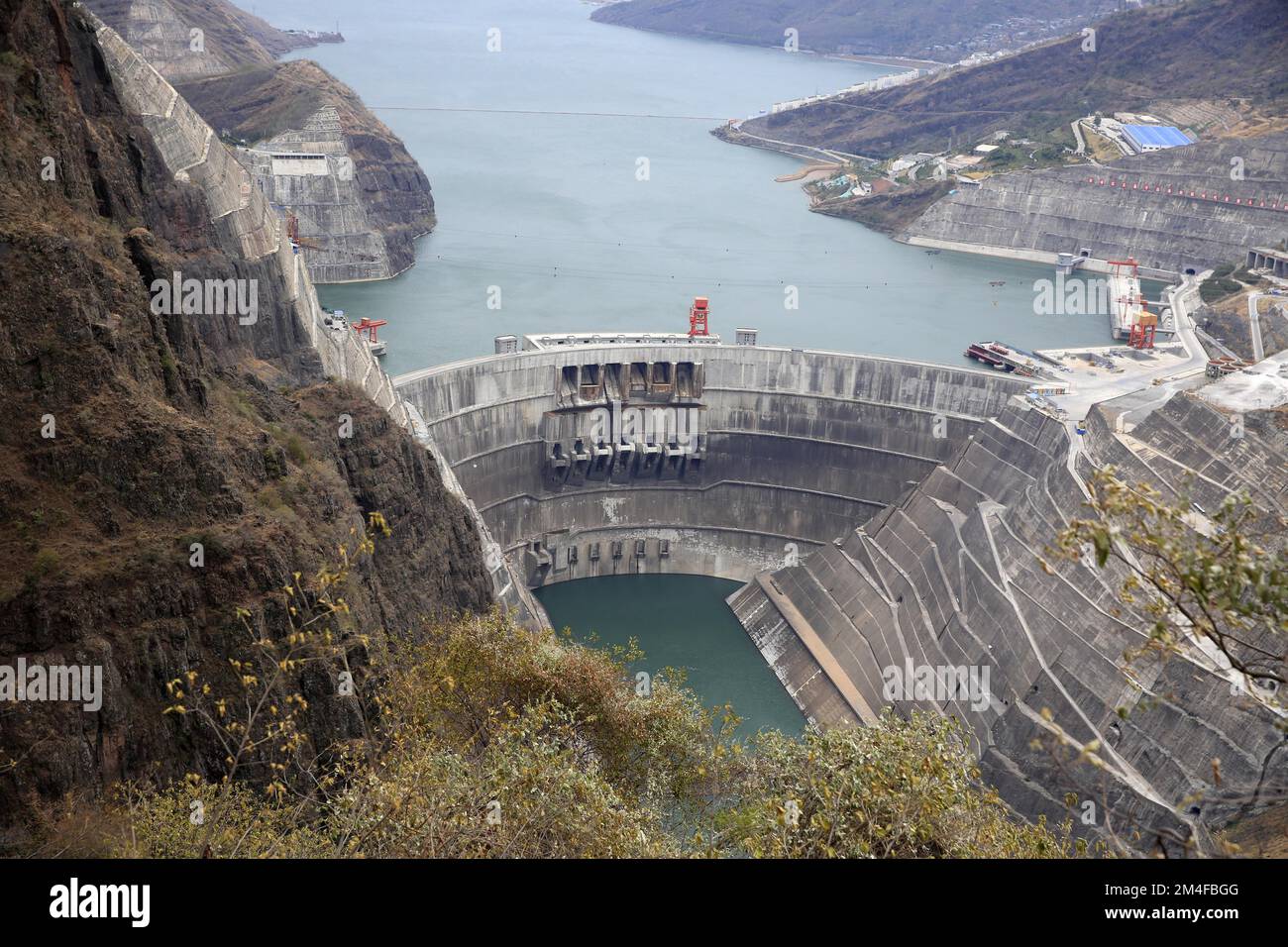Aerial photo shows the Baihetan hydropower station located on the ...