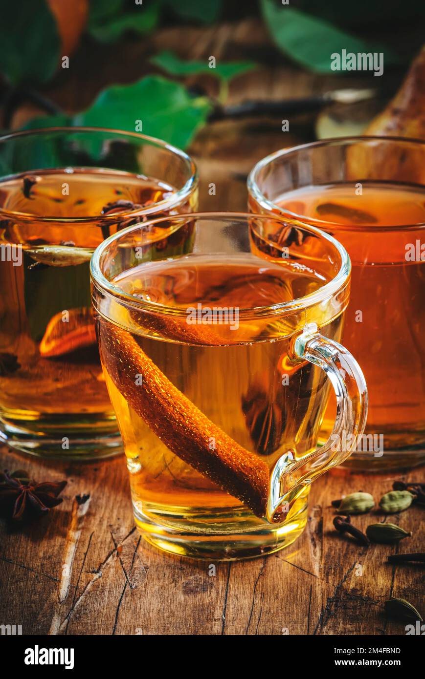 Hot Mulled Cider glass cups: apple, pear and orange drinks with spices ...