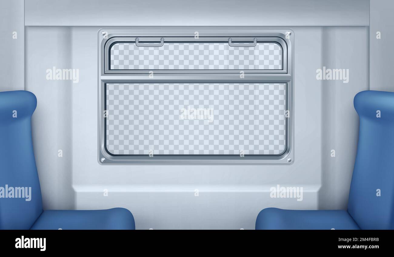 Train wagon interior with seats, window and gray wall. Vector realistic ...