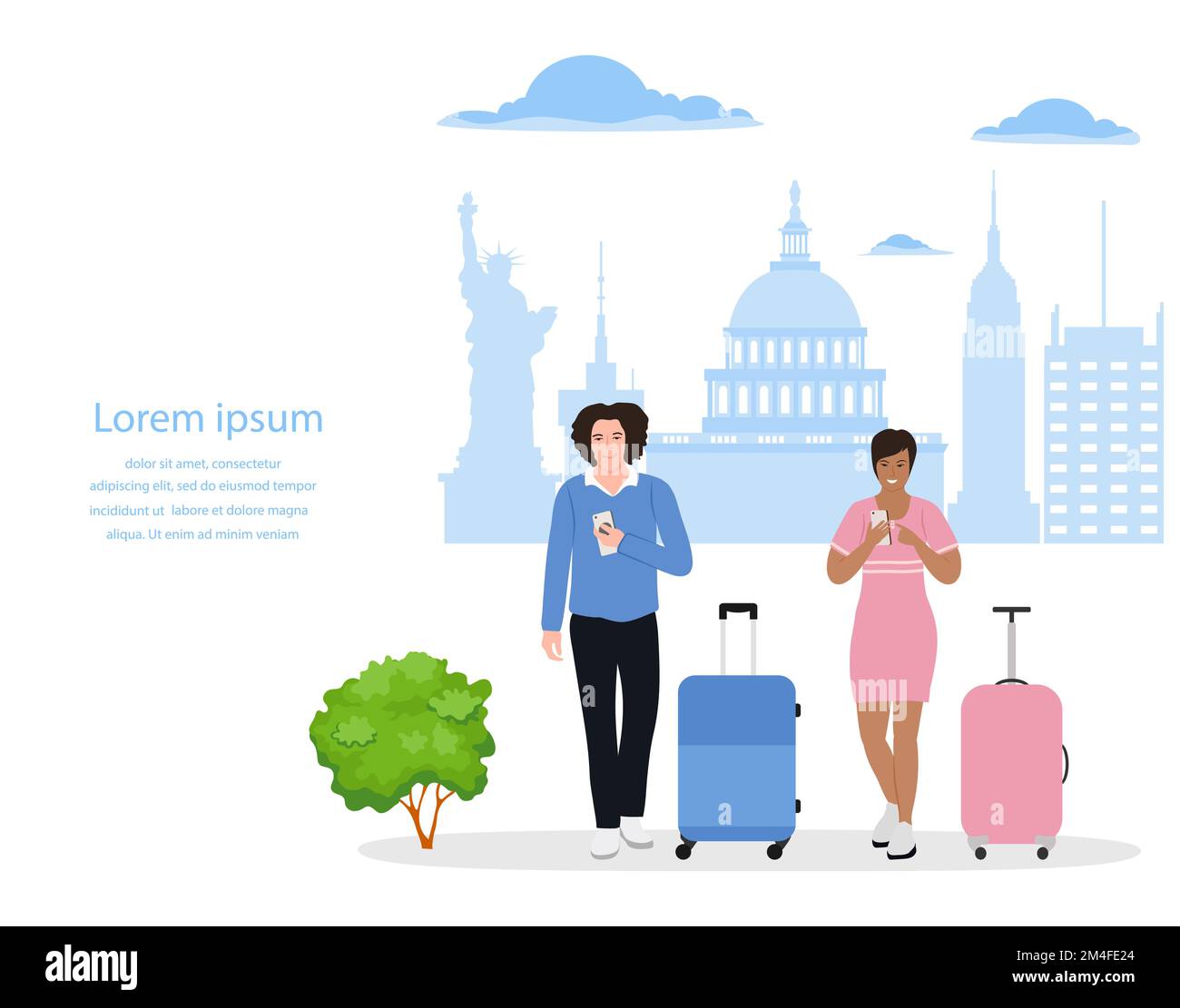 Vector illustration Man, woman with suitcases use cell phones. Tourist ...