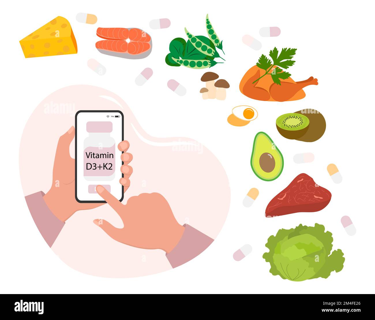 Vector illustration Hands holds cell phone with supplement pills ...