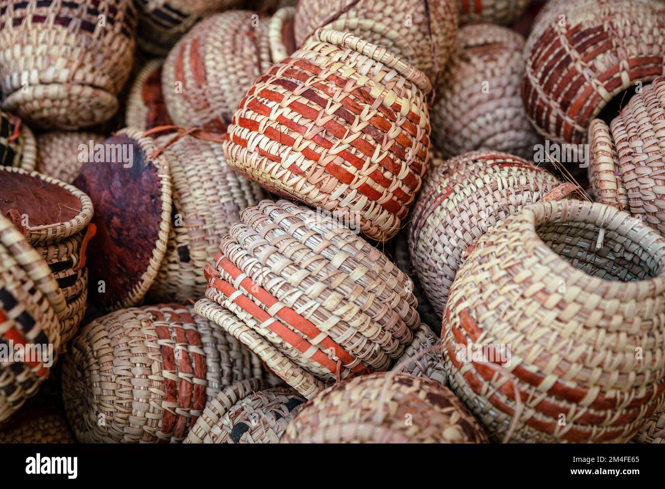 Traditional wicker baskets, exhibited in market shops of the old town ...