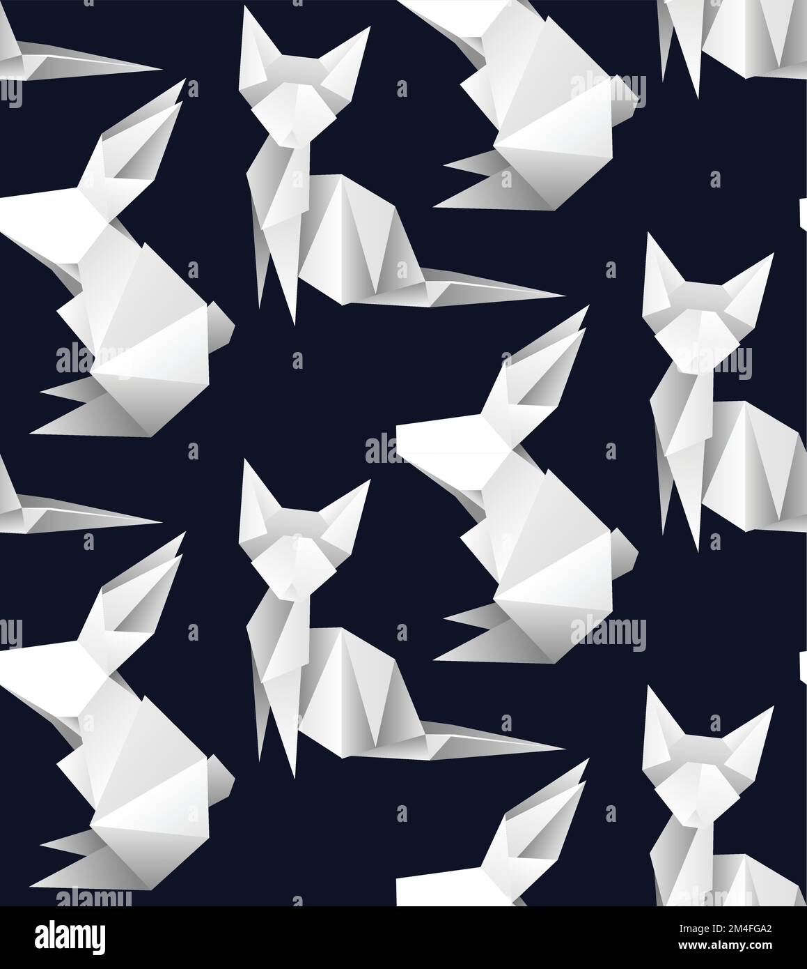 Seamless pattern with origami white rabbits and cats on dark background ...