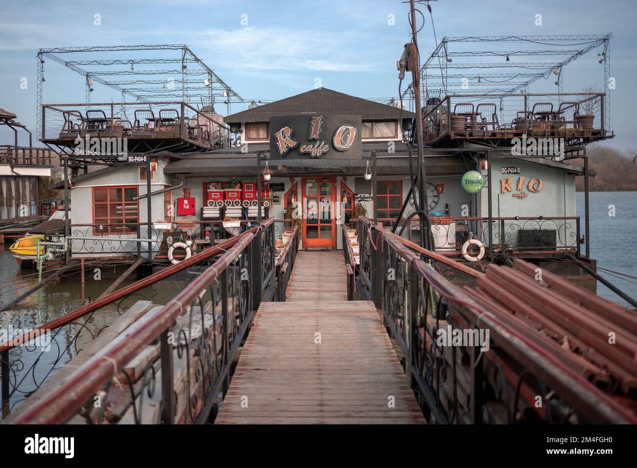 View of a floating river club on the Danube in Belgrade, Serbia Stock ...
