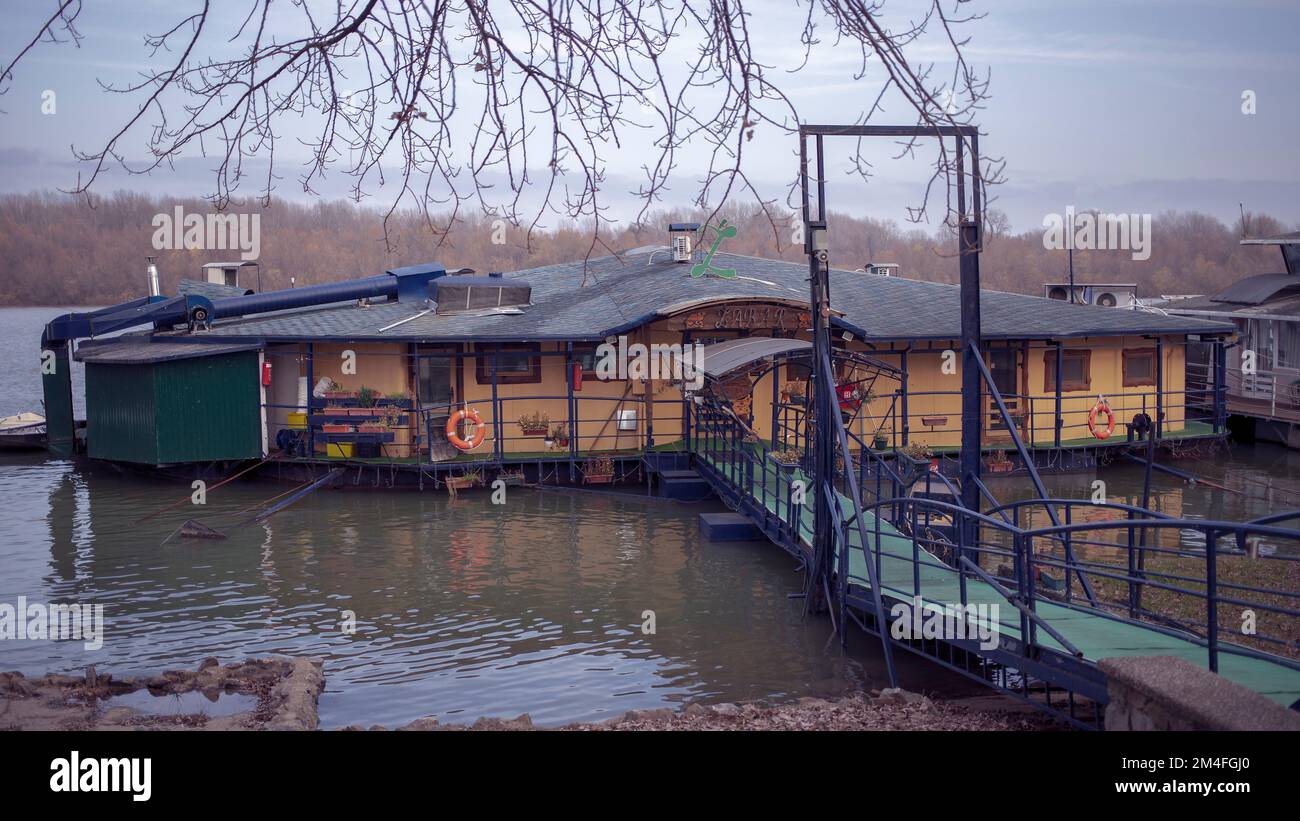 View of a floating river club on the Danube in Belgrade, Serbia Stock ...