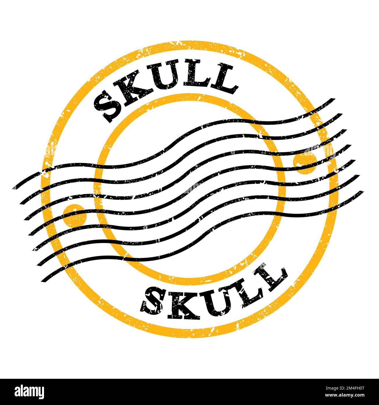 SKULL, text written on yellow-black grungy postal stamp Stock Photo - Alamy
