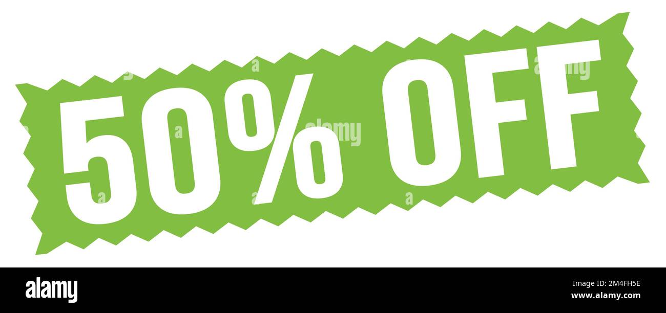 50% OFF text written on green zig-zag stamp sign Stock Photo - Alamy