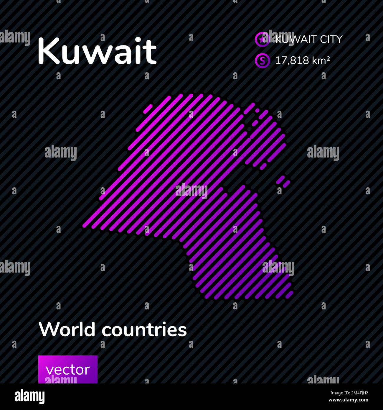 Vector flat map of Kuwait with violet, purple, pink striped texture on ...