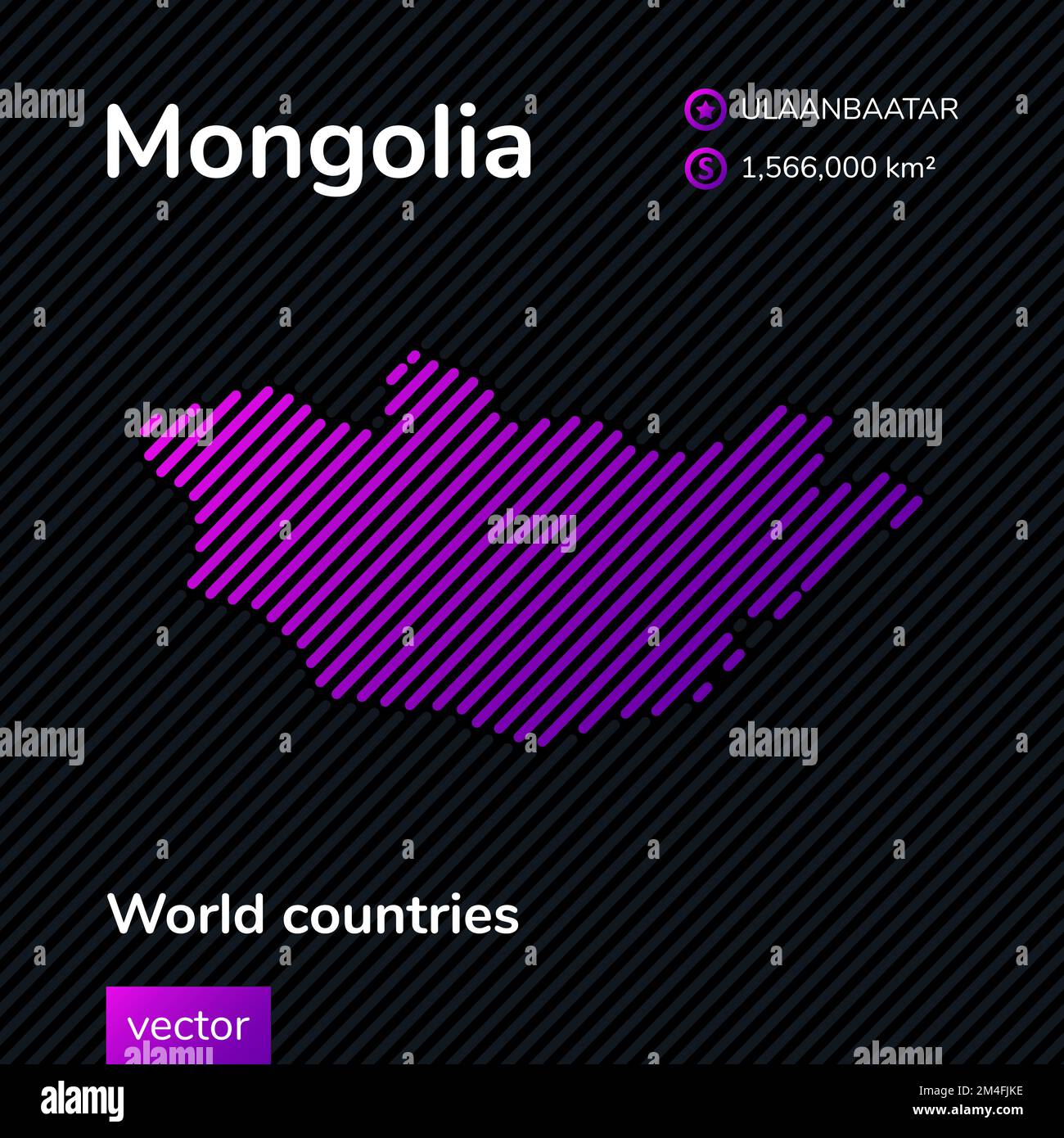 Vector flat map of Mongolia with violet, purple, pink striped texture ...