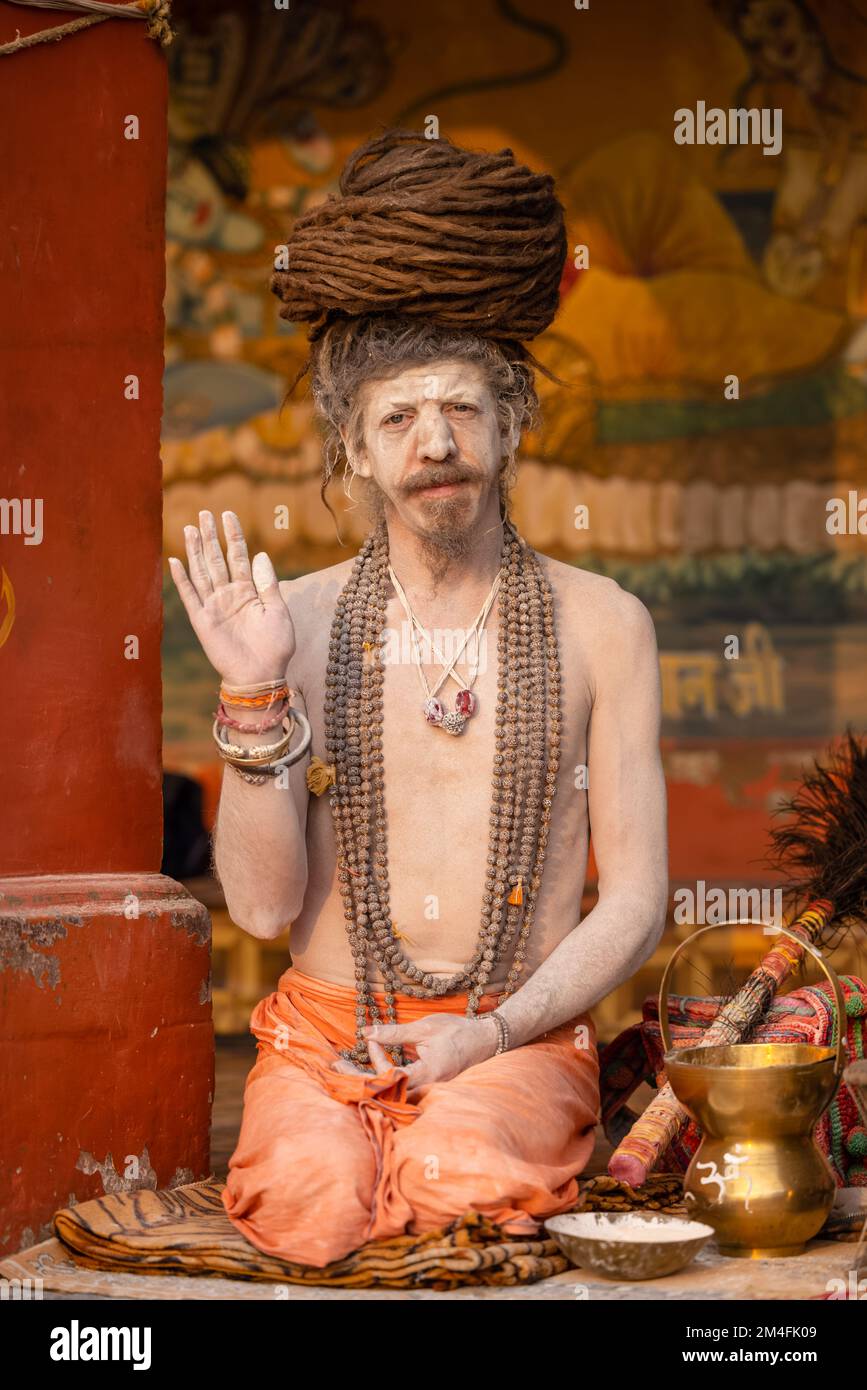 Portrait of Unidentified Indian holy naga sadhu male with ash on his ...