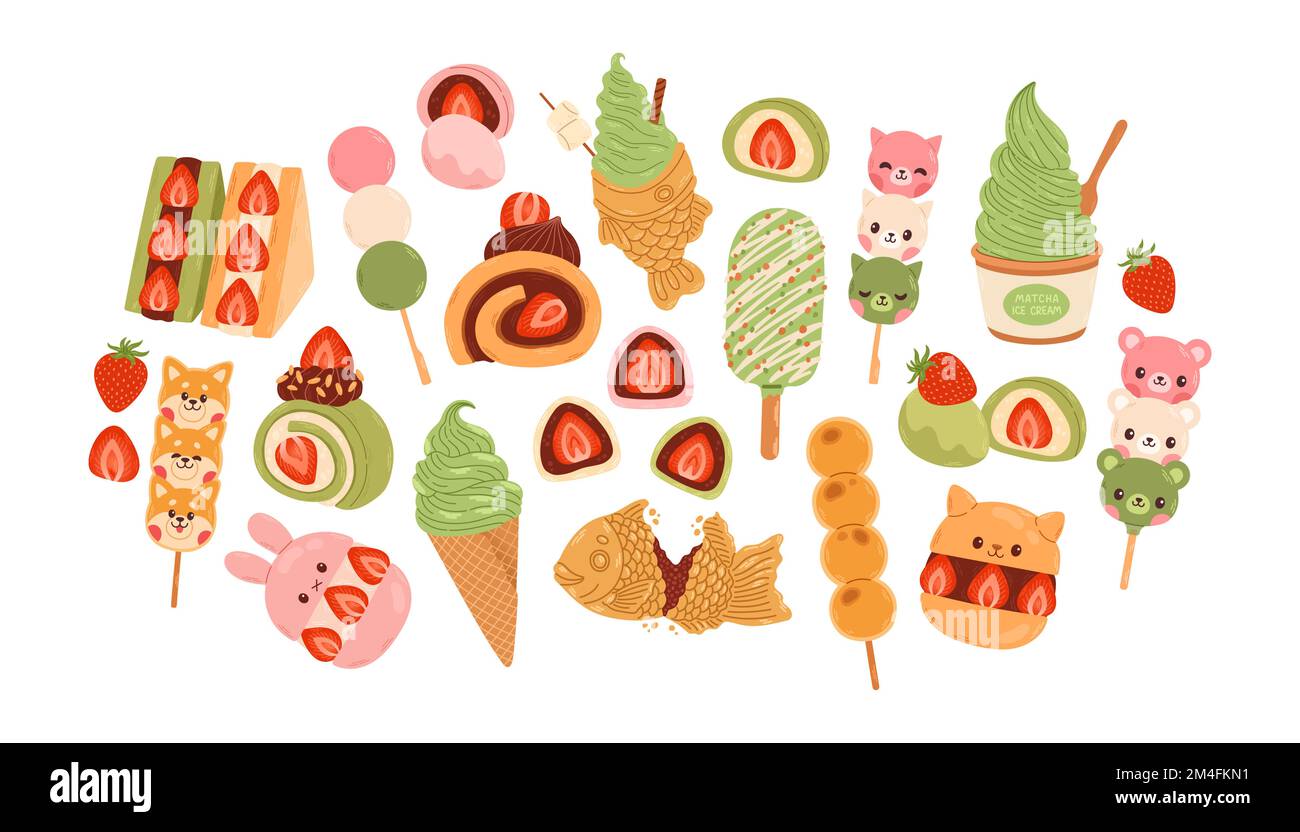Hand drawn Japanese sweets set vector illustration for postcards ...
