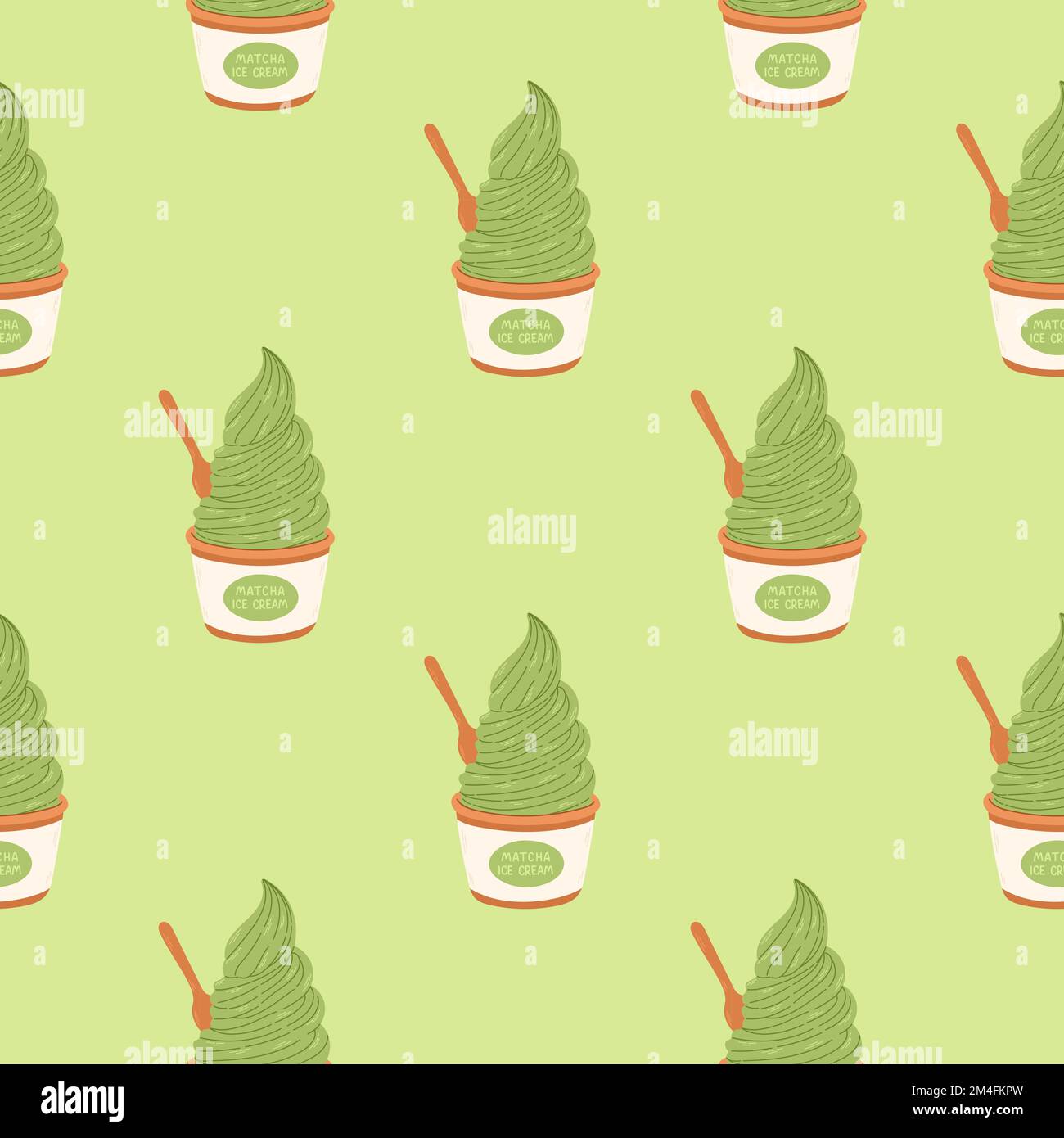 Matcha ice cream seamless pattern on green matcha background, vector ...