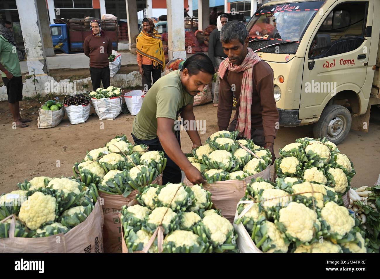 Farmers brining vegetables to a wholesale vegetable market, at Sonamura ...